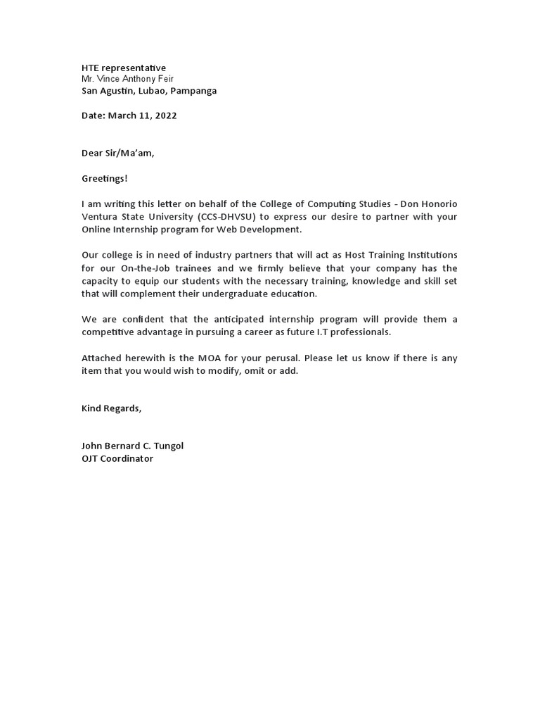 Letter of Intent OJT | PDF