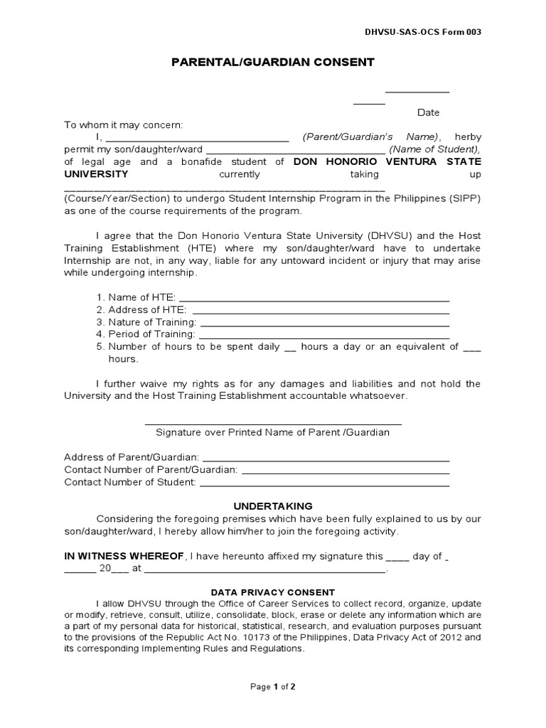 (DHVSU SAS OCS) Form 003 - Parental Guardian Consent | PDF | Common Law ...
