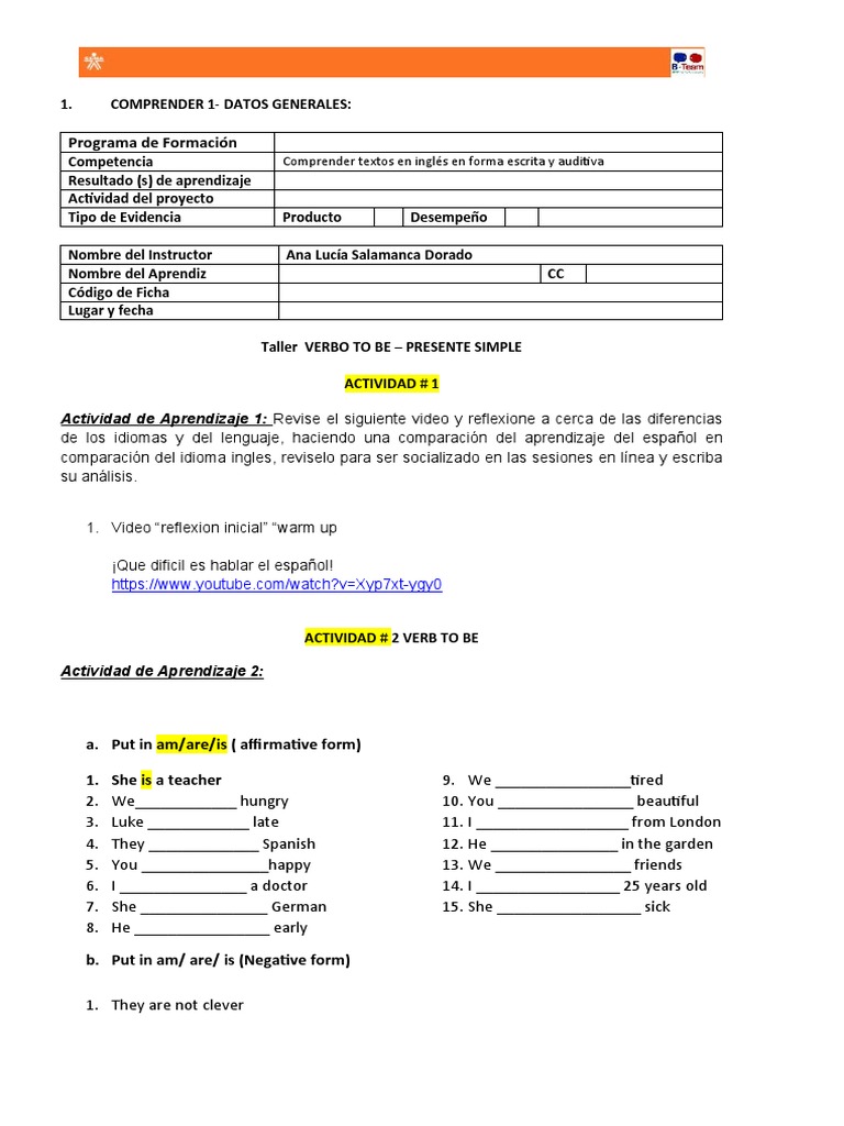 VERB TO BE COMPRENDER 1 Op 3 | PDF | Verbo | Tipología Lingüística