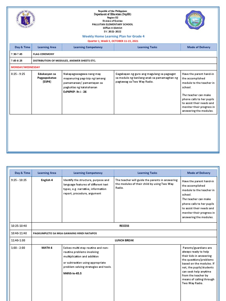 Weekly Home Learning Plan For Grade 4: Learning Area Learning ...