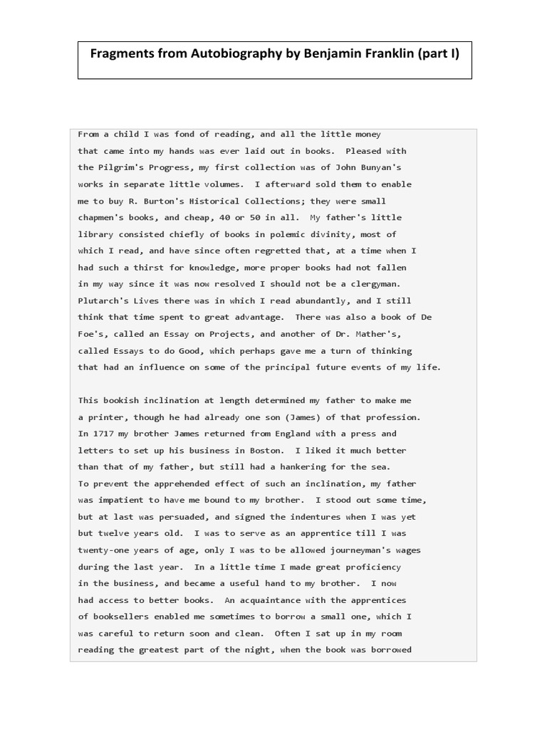 Benjamin Franklin Autobiography Part I | PDF