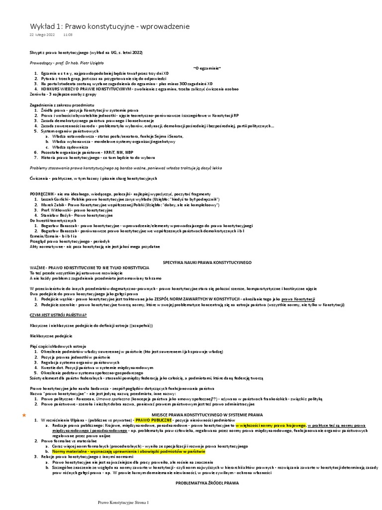 Prawo Konstytucyjne - Wykład | PDF