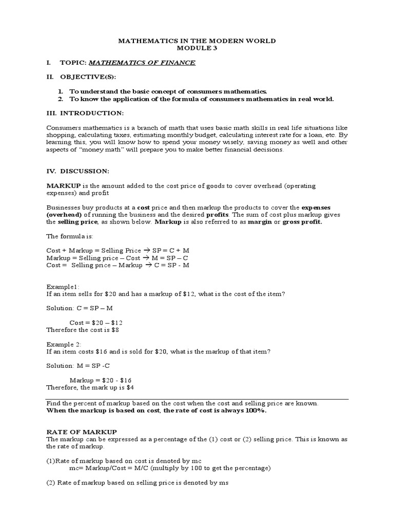 MMW Module 3 Mathematics of Finance2 | PDF | Interest | Prices MMW Module 3 Mathematics of Finance2 | PDF | Interest | Prices