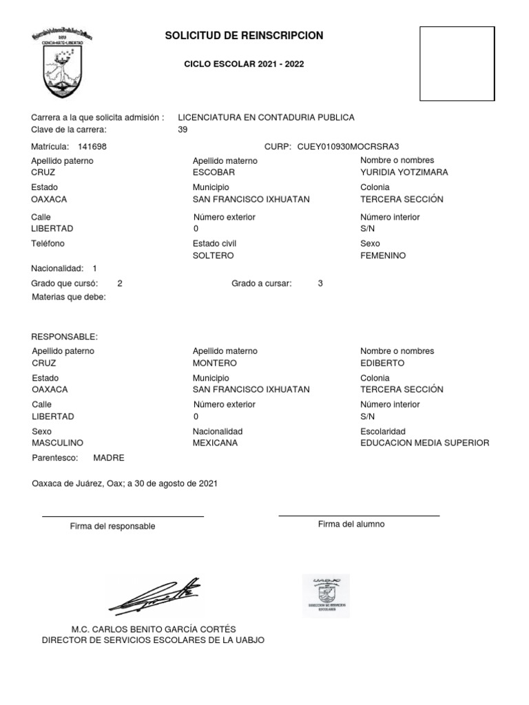 Solicitud de Reinscripcion: CICLO ESCOLAR 2021 - 2022 | PDF | Servicios ...