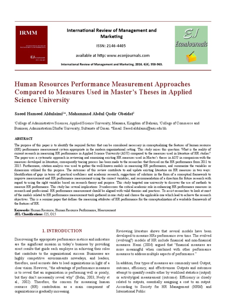 Human Resources Performance Measurement Approaches Compared To Measures Used in Master's Theses ...