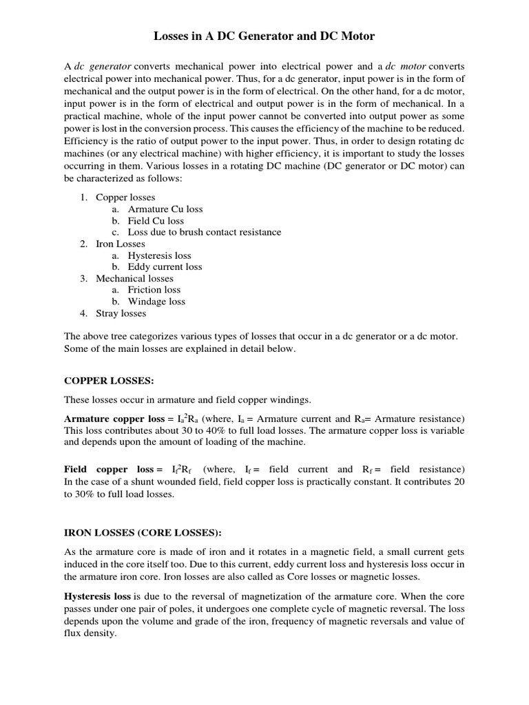 Losses in A DC Generator and DC Motor | PDF | Electromagnetic Induction ...
