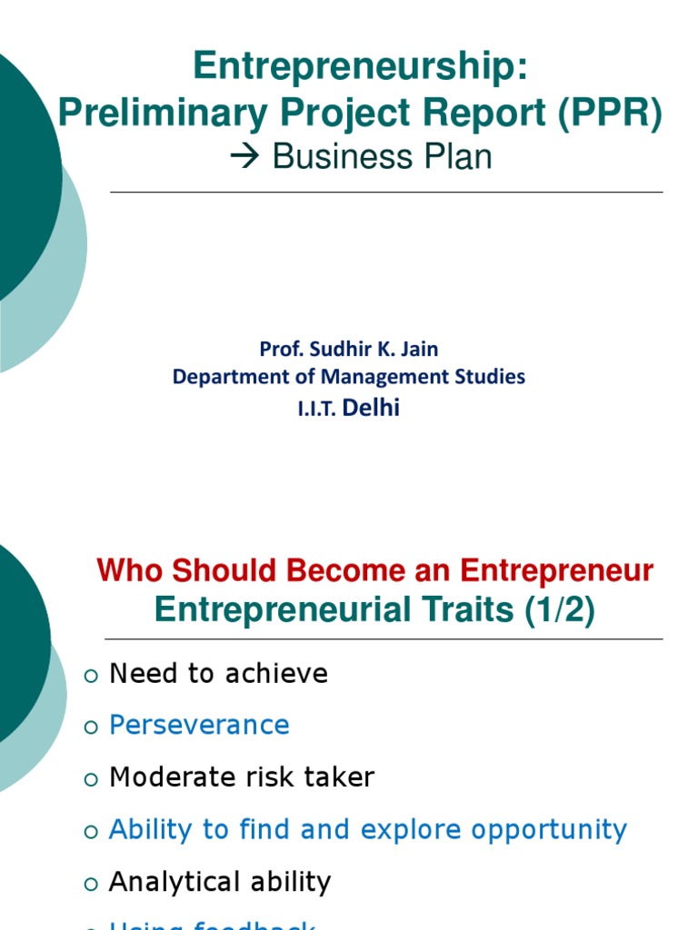 Entrepreneurship: Preliminary Project Report (PPR) : Business Plan ...