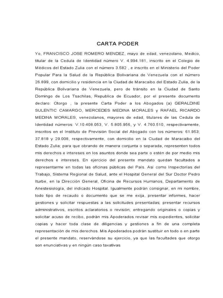 Carta Poder para Representación Legal en Ecuador | PDF