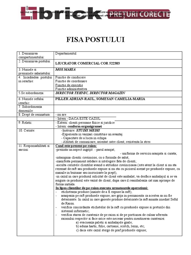 Fisa Post - Mos Maria - Lucrator Comercial | PDF