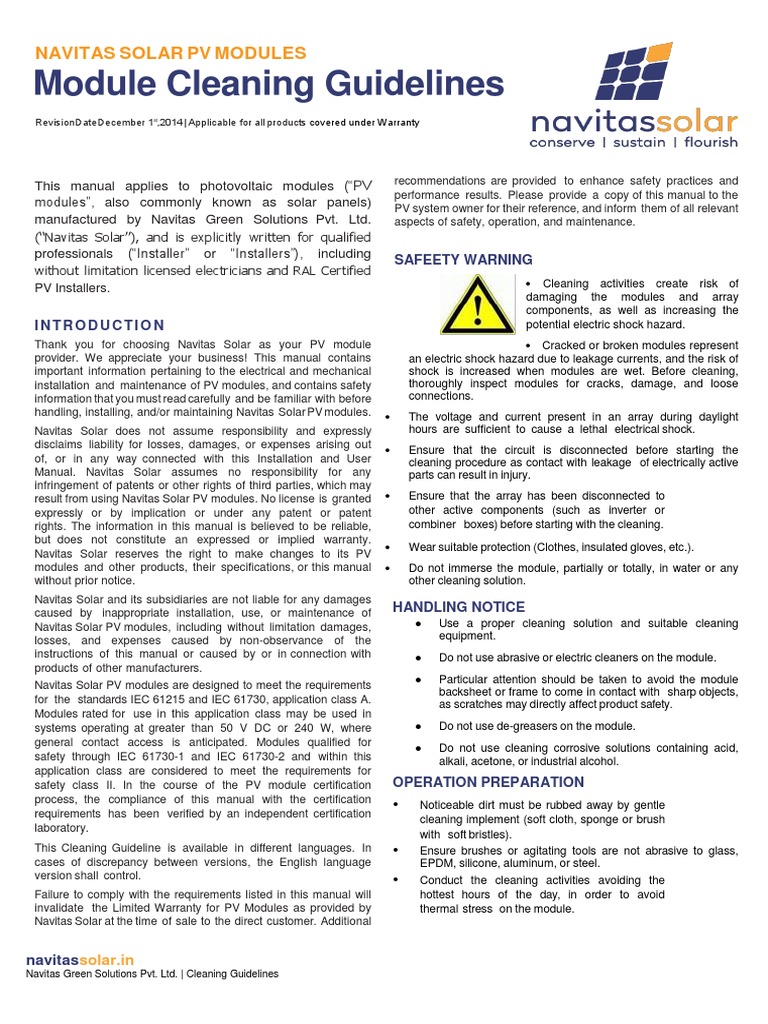 Navitas Solar Cleaning Guidelines | PDF | Photovoltaic System | Solar Panel