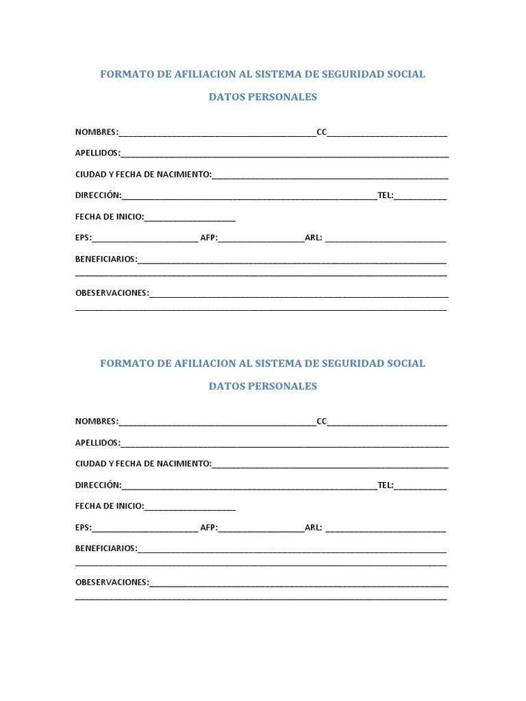 Formato de Afiliacion Al Sistema de Seguridad Social | PDF