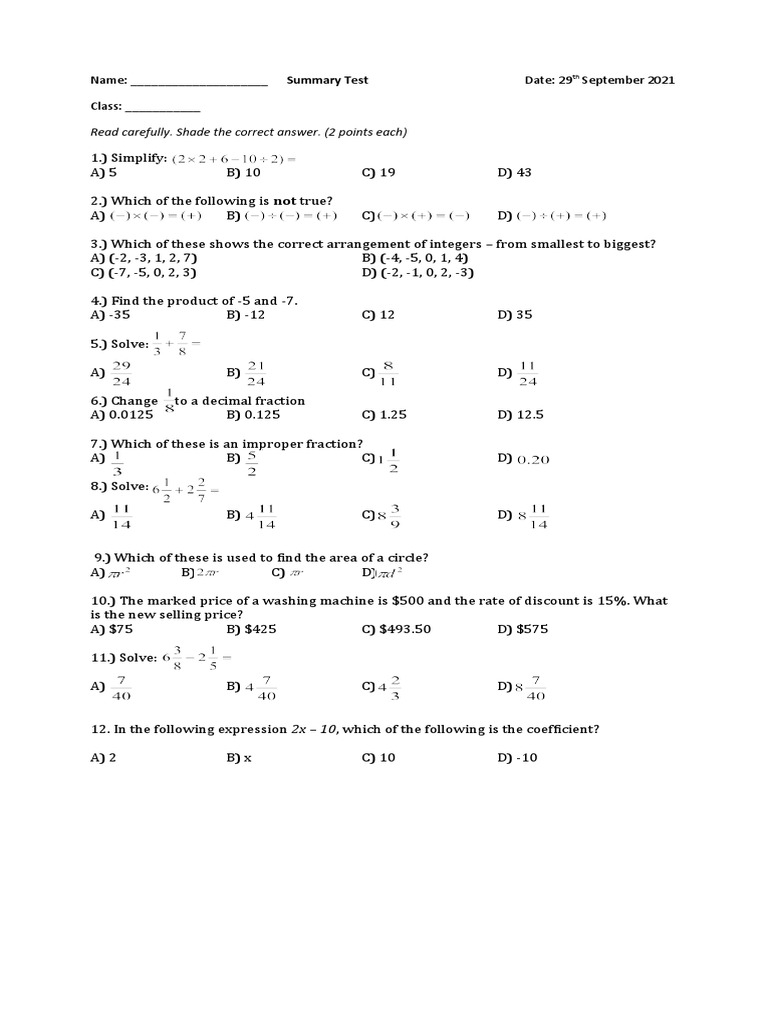 Math Test Questions and Answers | PDF