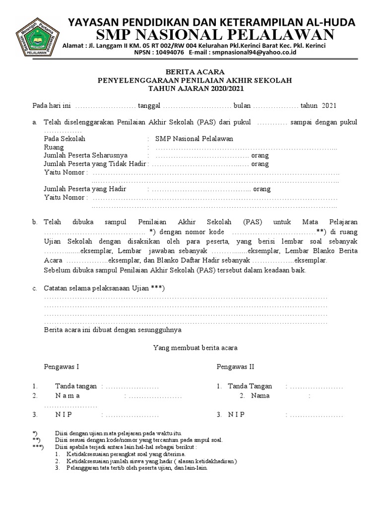 Berita Acara Try Out UAS Dan Daftar Hadir | PDF