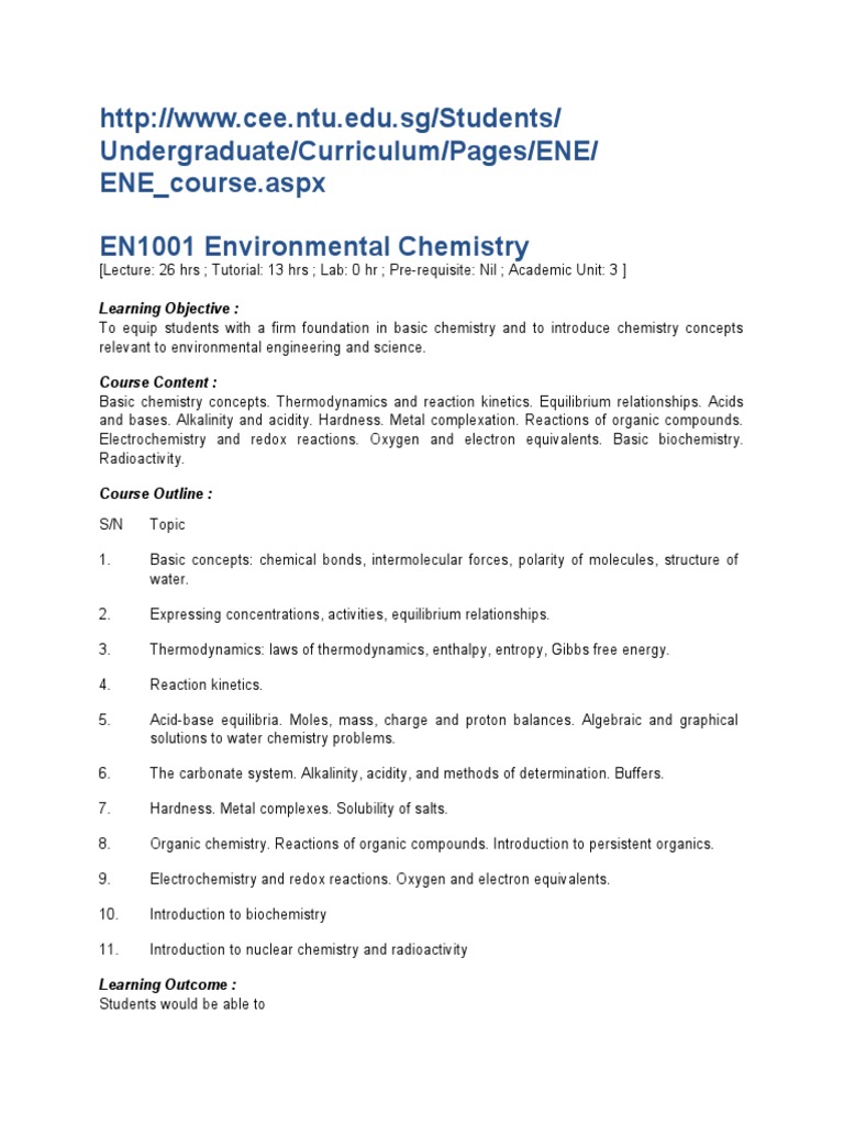 Environmental Engineering Curriculum NTU | PDF | Hydrology | Chemical ...