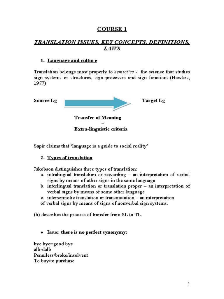 Translation Issues, Key Concepts, Definitions, Laws: Course 1 | PDF | Translations | Linguistics