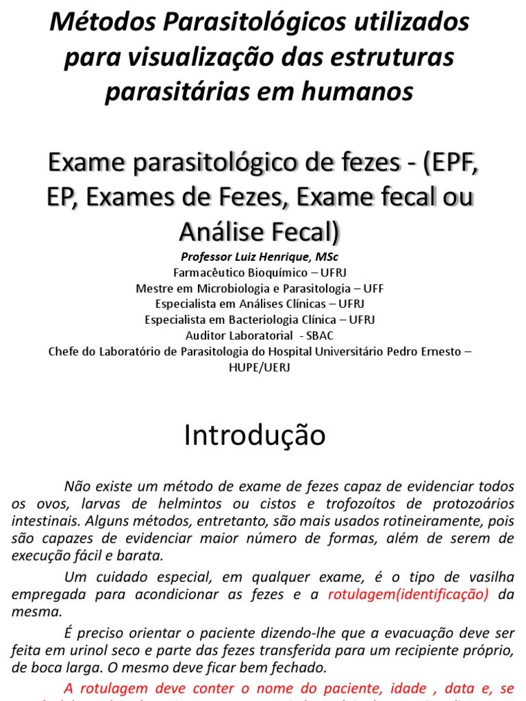 Métodos de Exame Parasitológico de Fezes PDF | PDF | Centrifugação ...