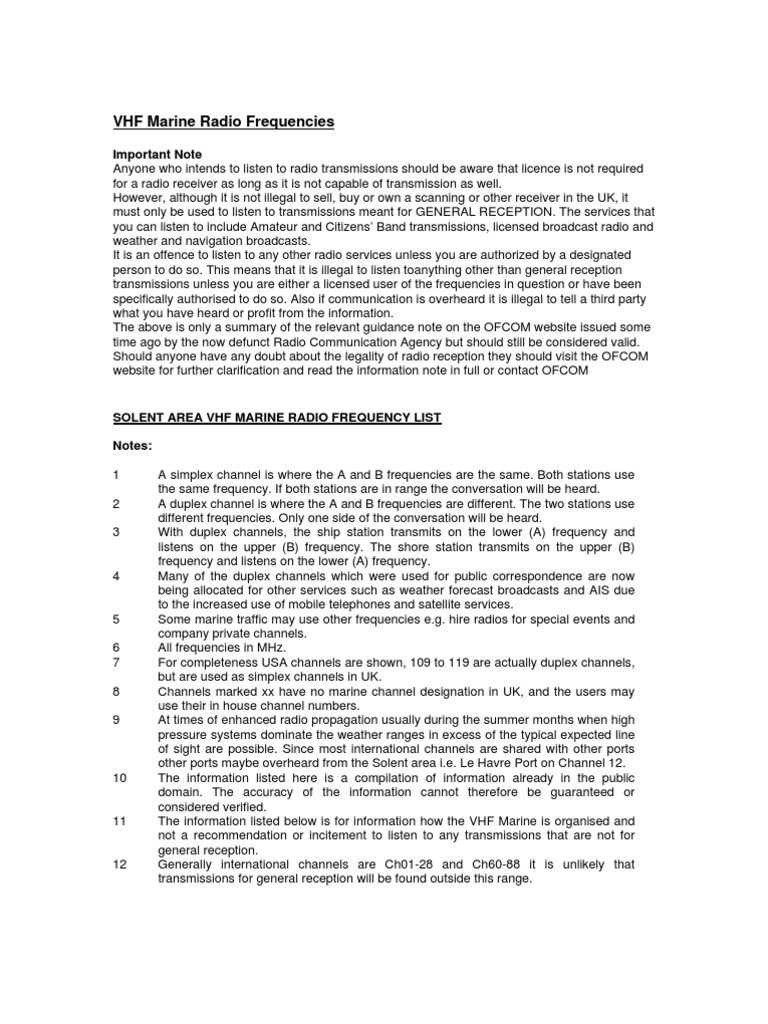 Solent VHF Marine Frequency Guide | PDF | Very High Frequency | Radio