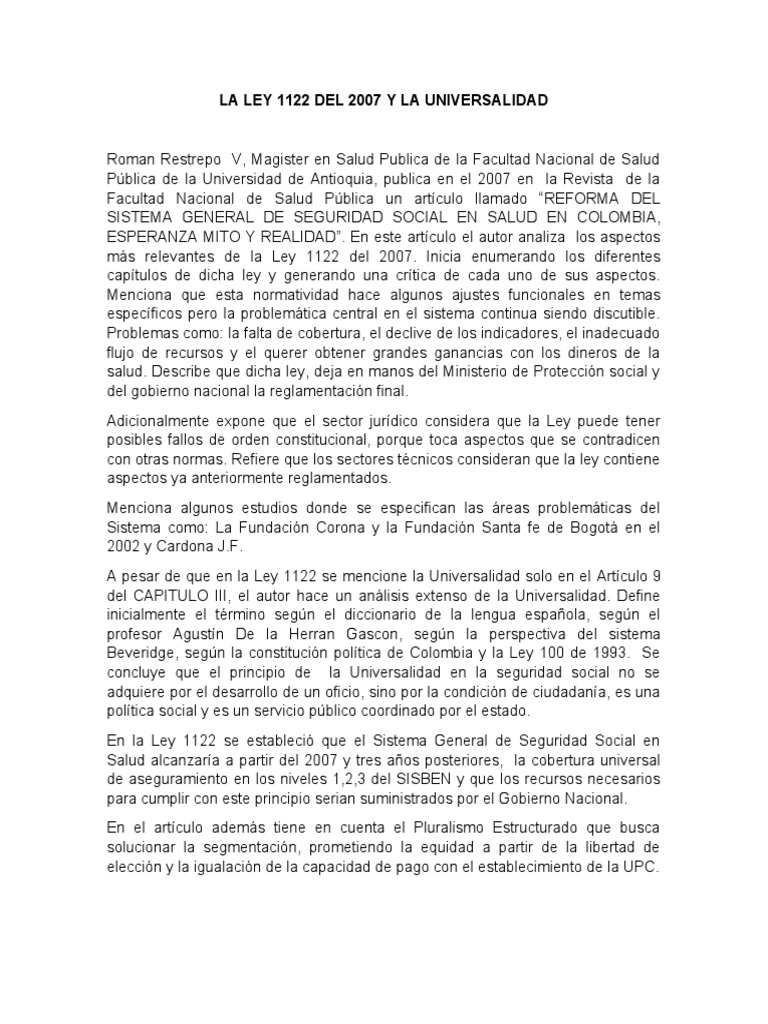 Reseña Critica Articulo Ley 1122 Del 2007 | PDF | Bienestar | Ciencias de la Salud