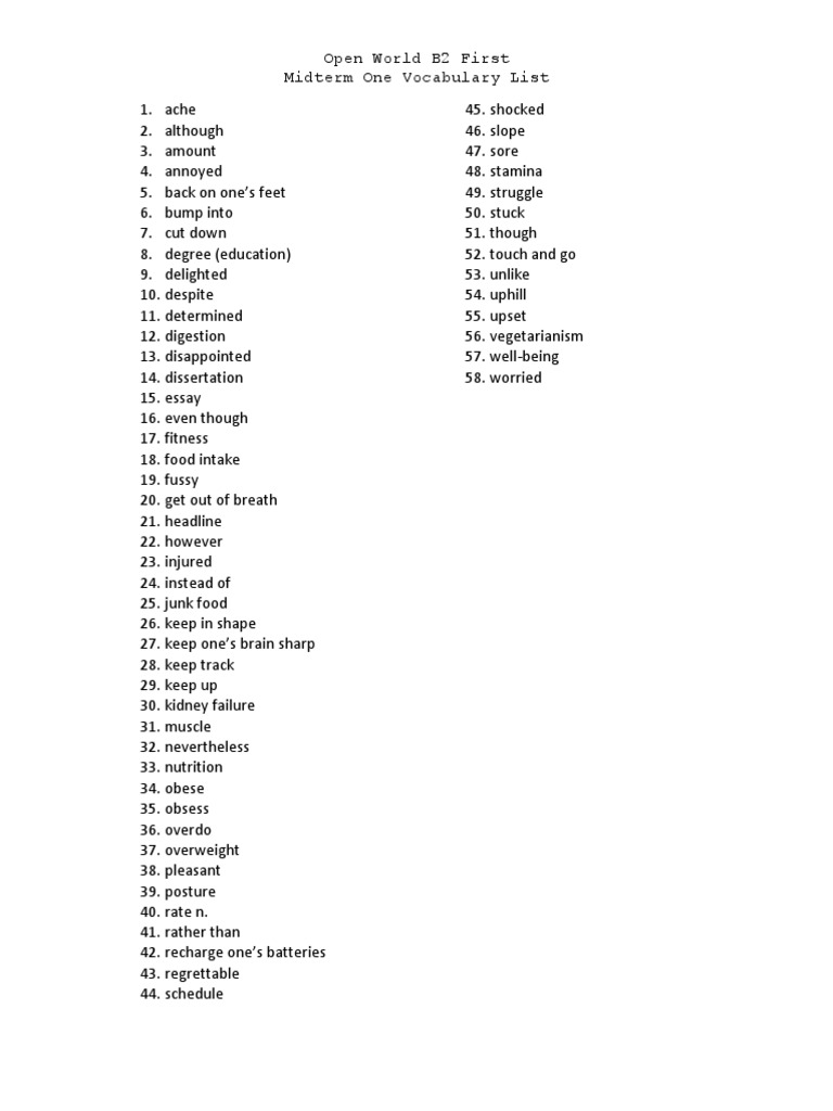 Open World B2 First - Midterm One Vocabulary List | PDF