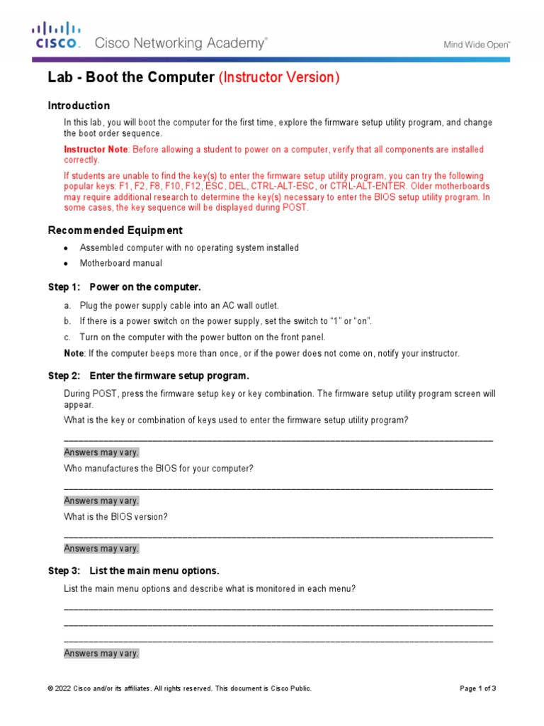 3.2.2.8 Lab - Boot The Computer - Instructor | PDF | Booting | Bios