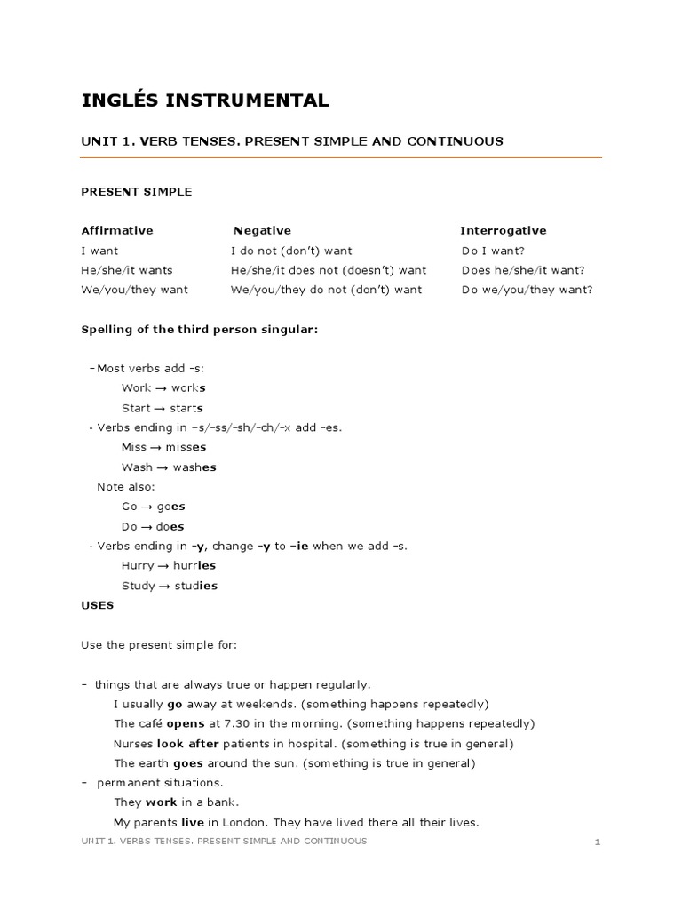 Inglés Instrumental: Unit 1. Verb Tenses. Present Simple and Continuous ...