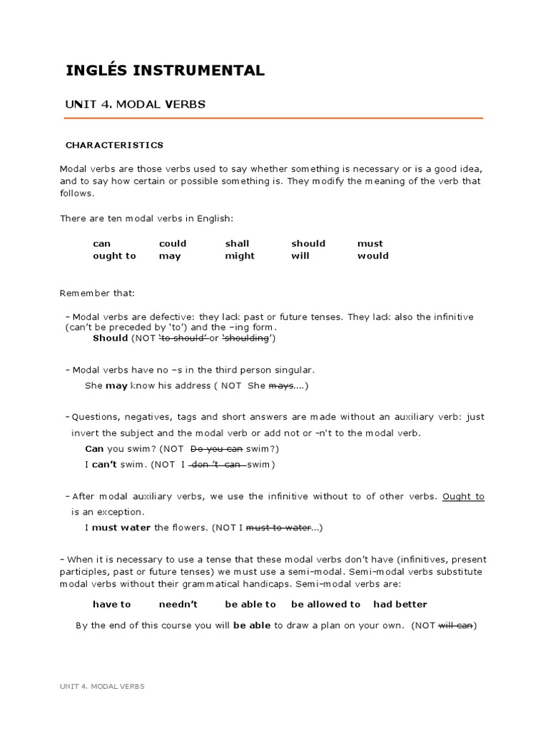 Inglés Instrumental: Unit 4. Modal Verbs | PDF | Verb | Grammatical ...
