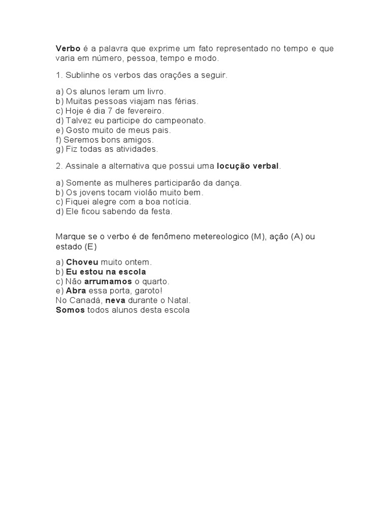 Exercícios Sobre Verbos | PDF