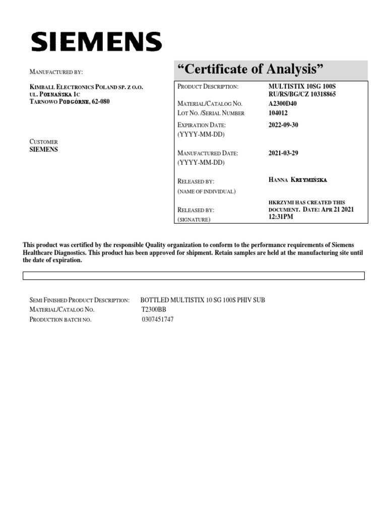 "Certificate of Analysis": Anufactured by | PDF
