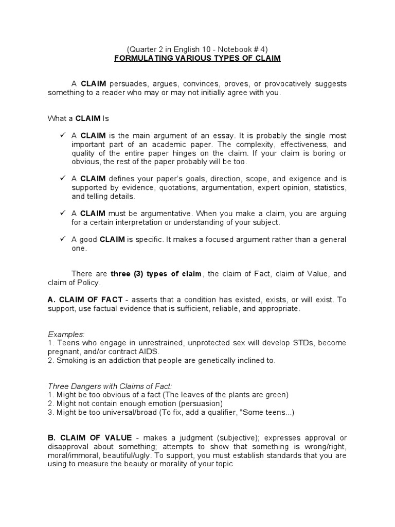 (Quarter 2 in English 10 - Notebook # 4) - FORMULATING VARIOUS TYPES OF ...