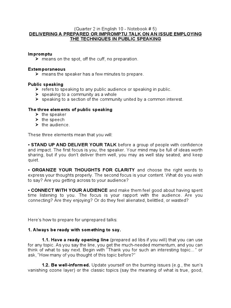 (Quarter 2 in English 10 - Notebook # 5) - DELIVERING A PREPARED OR IMPROMPTU TALK ON AN ISSUE ...