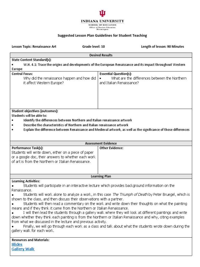 Renaissance Art Lesson Plan for 10th Grade | PDF | Lesson Plan ...
