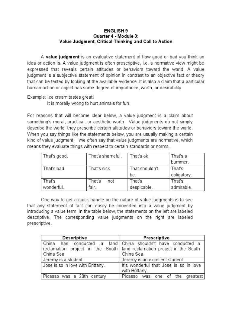 (Quarter 4 in English 9 - MODULE # 3) - Value Judgment, Critical ...