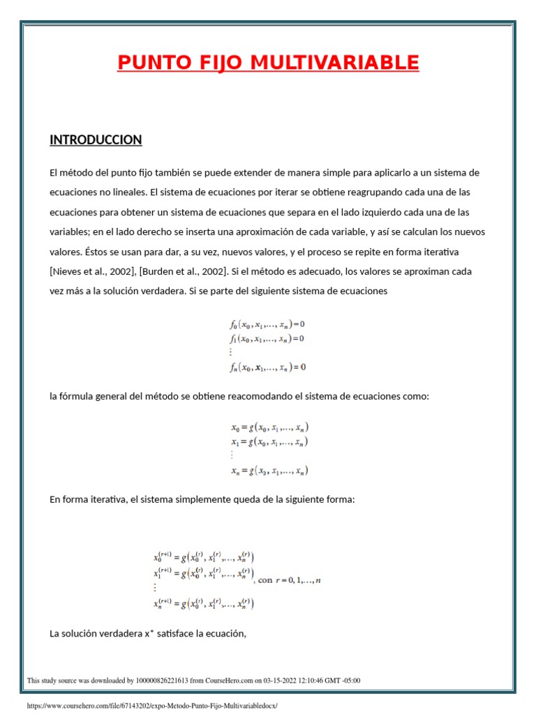 Expo Metodo Punto Fijo Multivariable | Descargar gratis PDF | Ecuaciones | Algoritmos