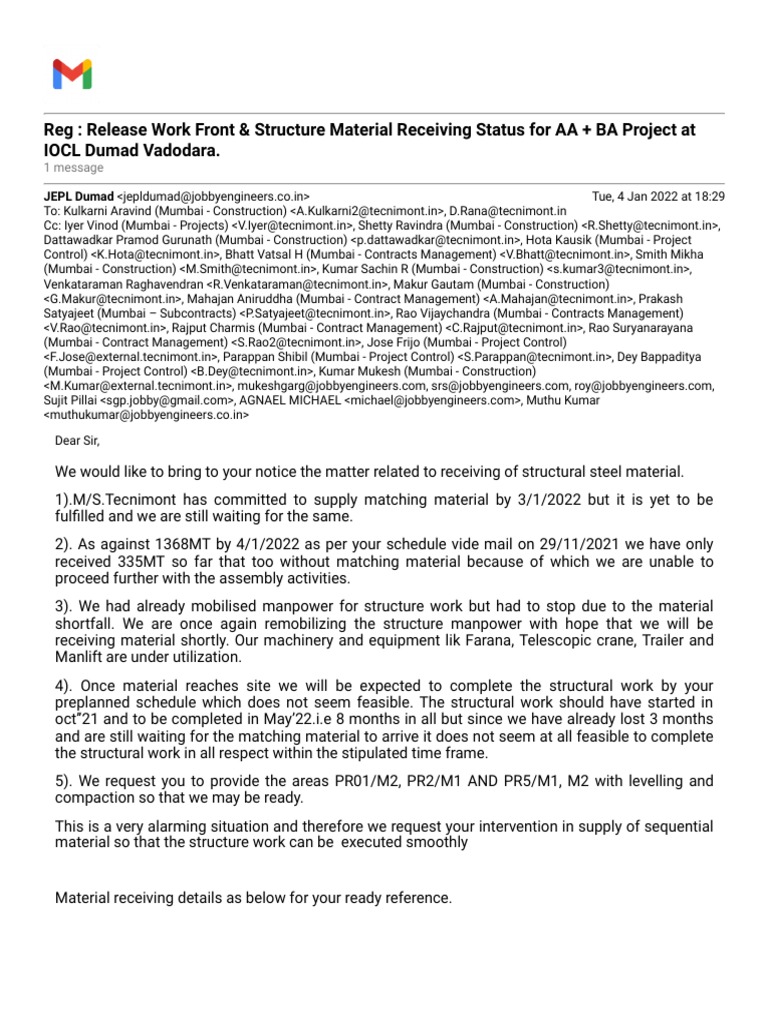 Release Work Front & Structure Material Receiving Status | PDF ...