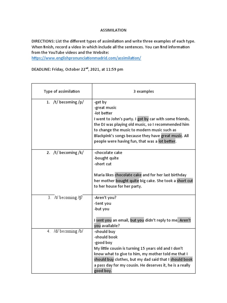 ASSIMILATION Examples | PDF