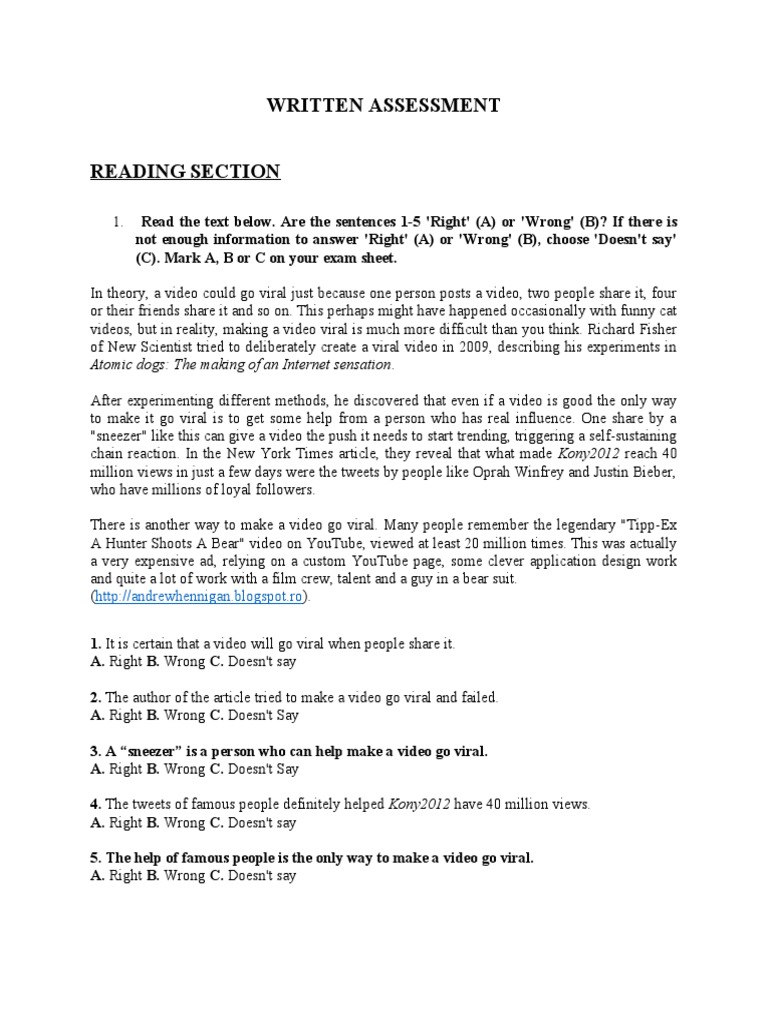 Written Assessment - Reading & Writing | PDF | Climate Change | Viral Video