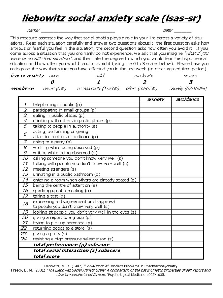social anxiety, assessment lsas-sr | PDF | Social Anxiety Disorder ...
