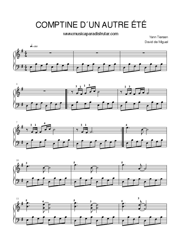 Partitura Piano Comptine D Un Autre été Yann Tiersen Pdf