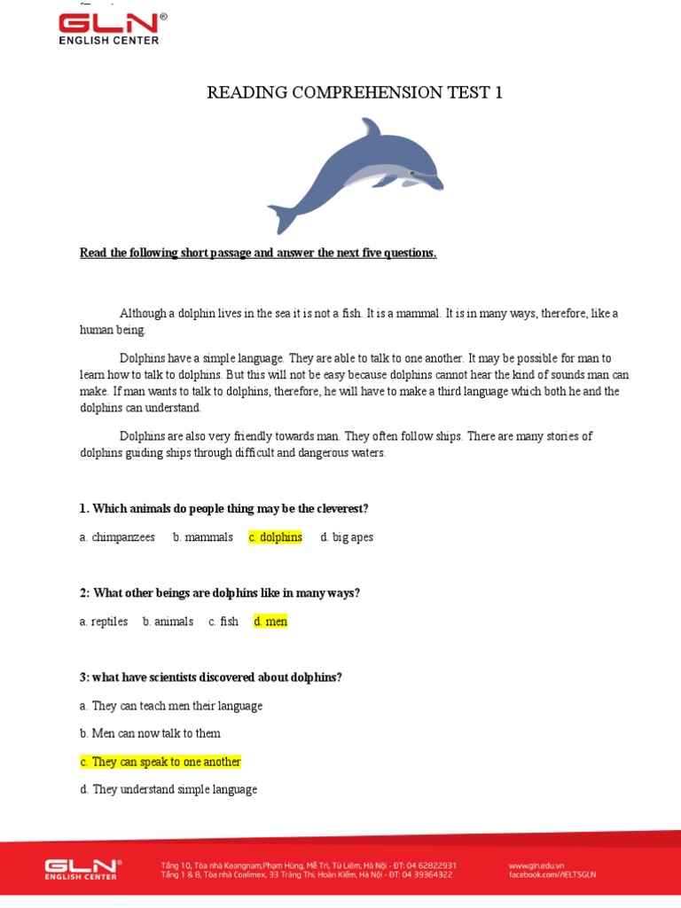 Reading Comprehension Test 1: Read The Following Short Passage and ...