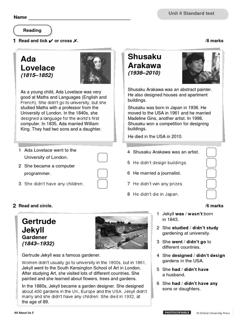 Unit 4 All About Us 5 Standard Test | PDF