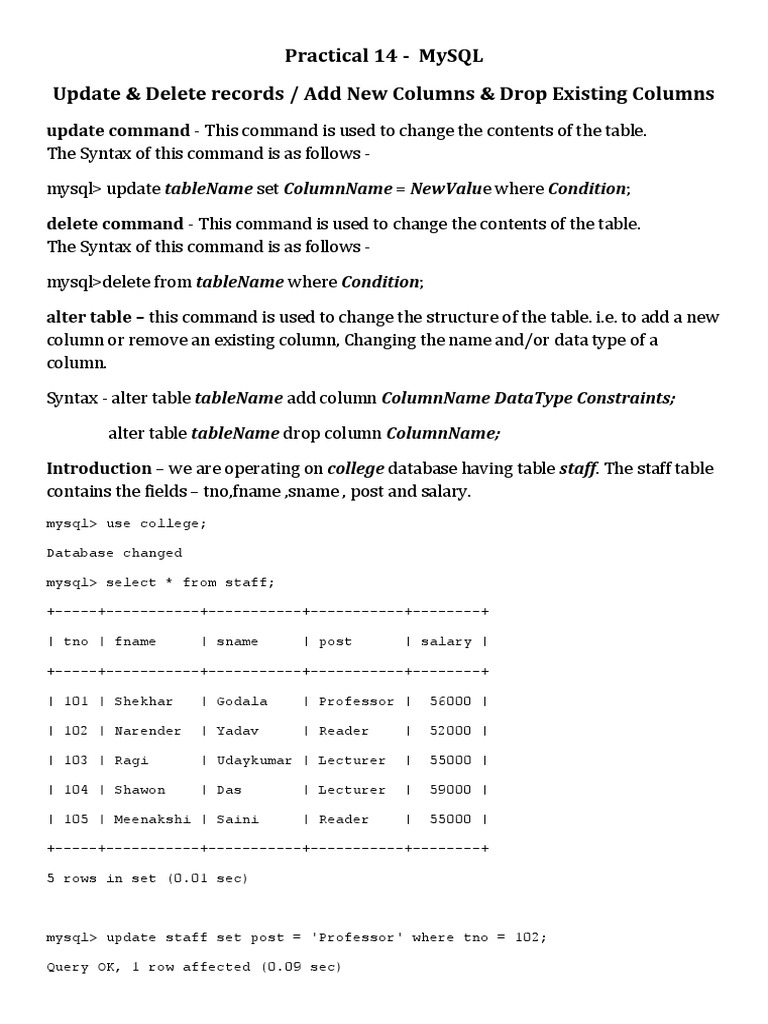 Practical 17 - Update Delete Alter Table | PDF | Table (Database ...