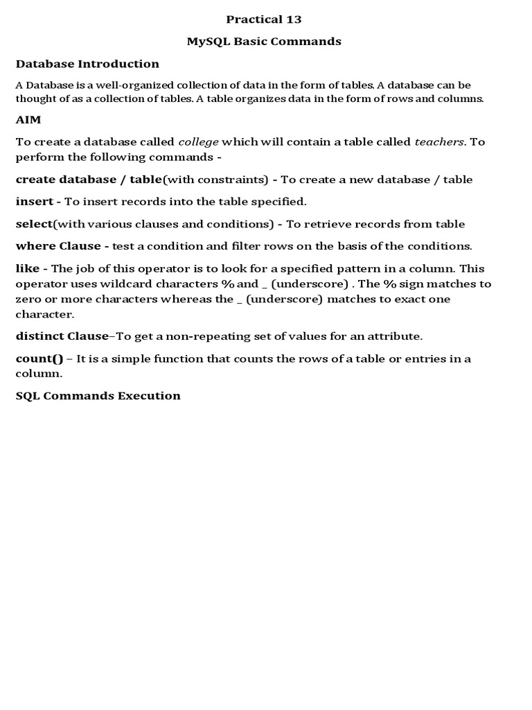 Practical 16 - MySQL Basic Commands | PDF | Table (Database) | Databases