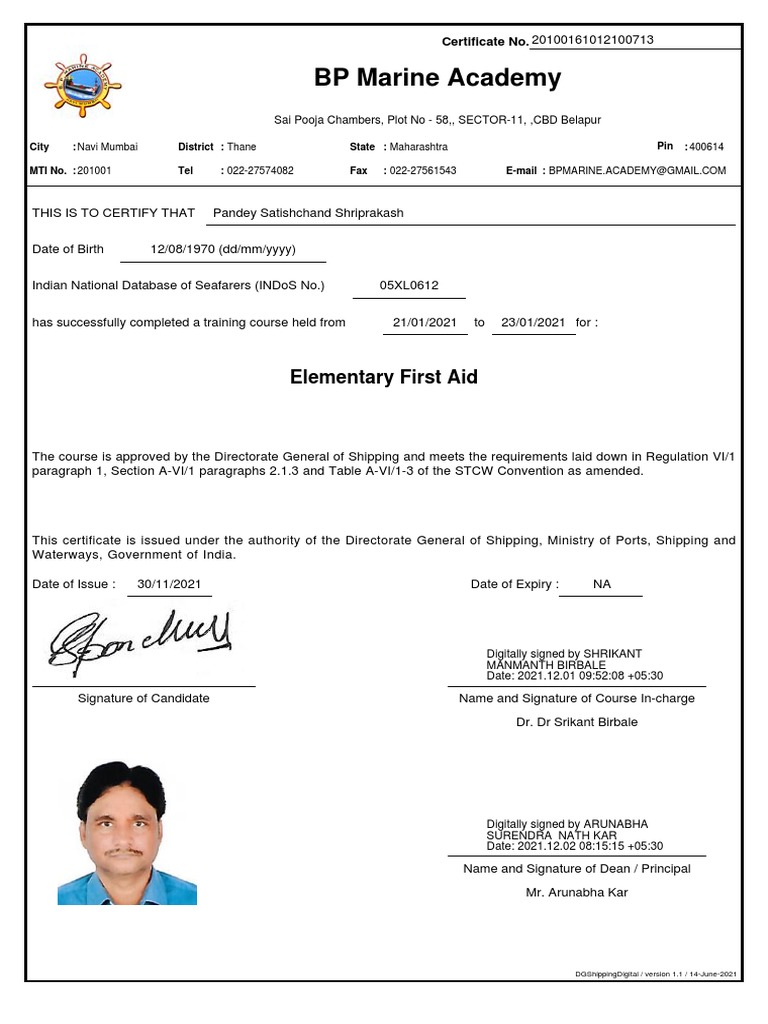STCW Elementary First Aid Certificate | PDF | Shipping