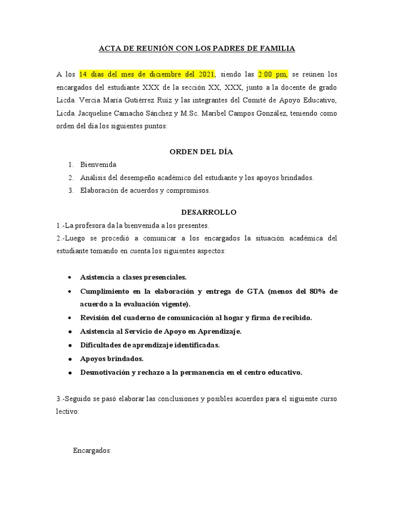 Acta de Reunión Con Los Padres de Familia | PDF