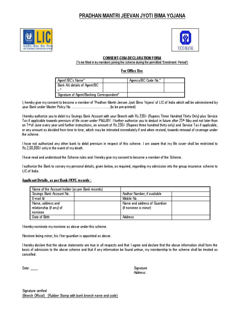 PMJJBY Consent-Cum-Declaration Form | PDF | Life Insurance | Insurance