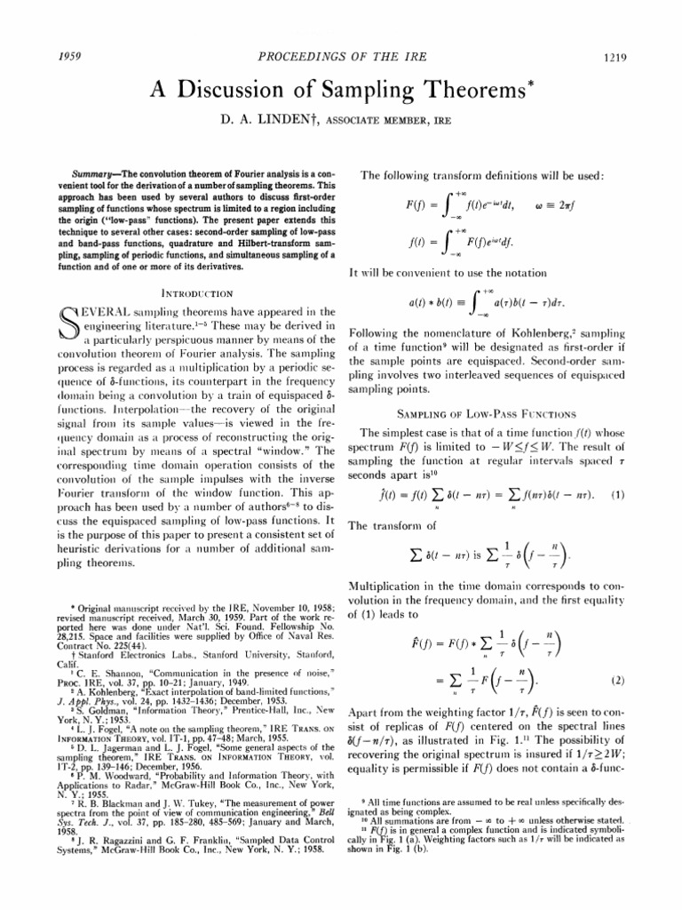 1 - 1959 - A Discussion of Sampling Theorems | PDF | Spectral Density ...