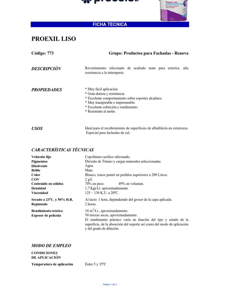 Ficha Técnica Proexil Liso | PDF | Agua | Revestimiento