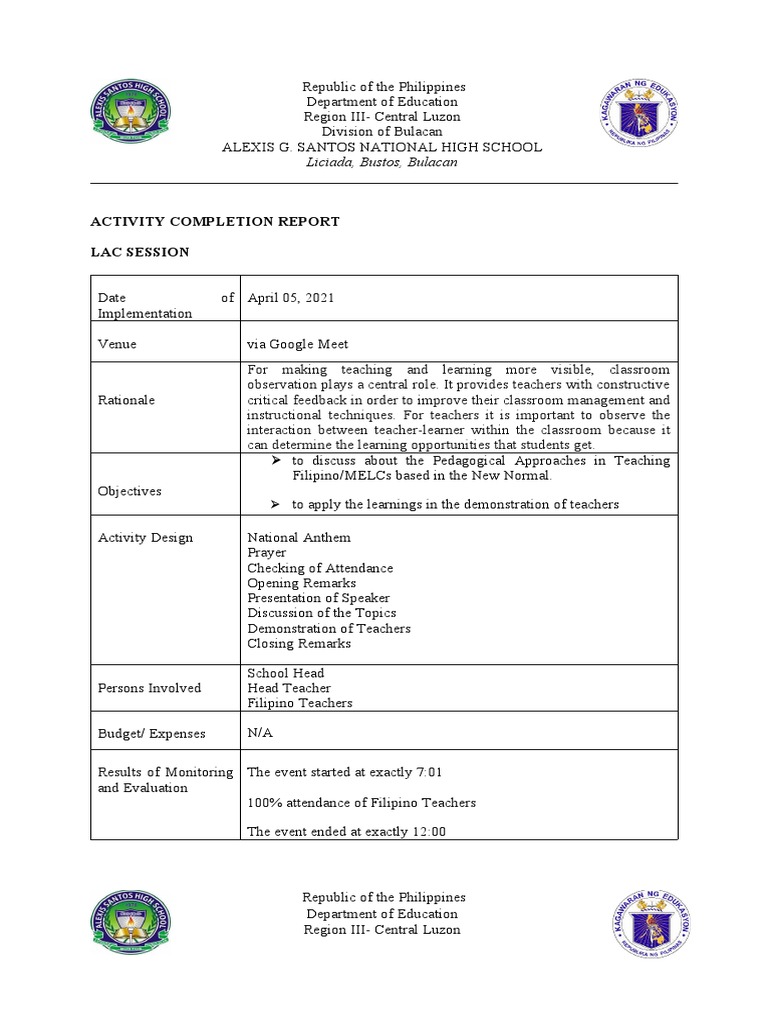 Activity Completion Report Lac Session: Liciada, Bustos, Bulacan | PDF | Teachers | Pedagogy