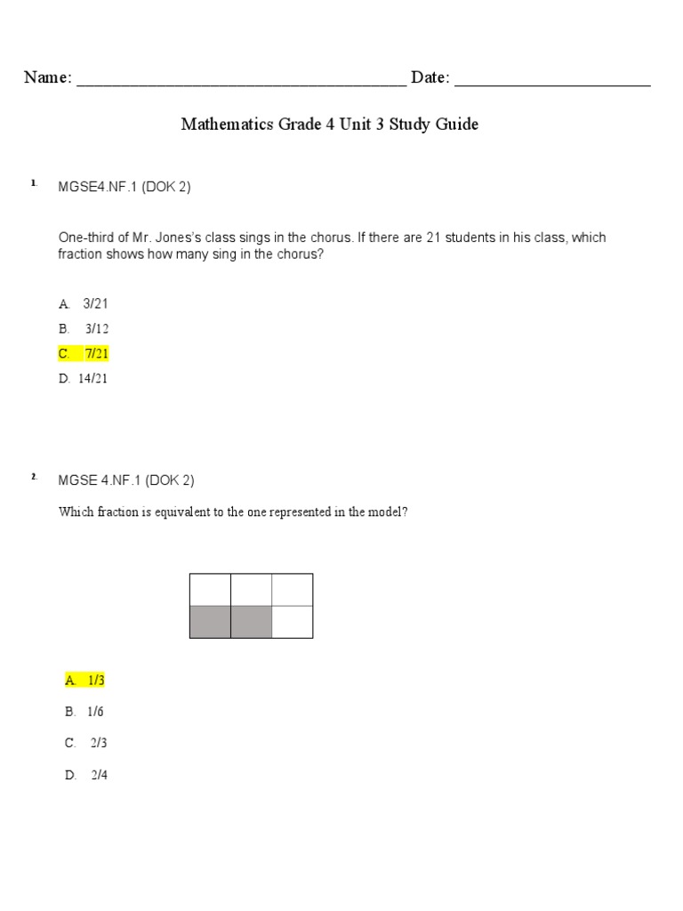 Mathematics Grade 4 Unit 3 Study Guide Answer Key | PDF