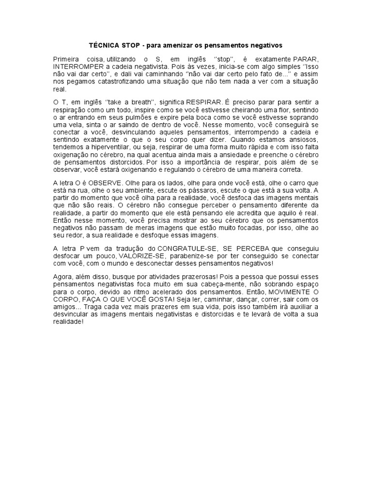 Técnica Stop Pdf Pensamento Realidade